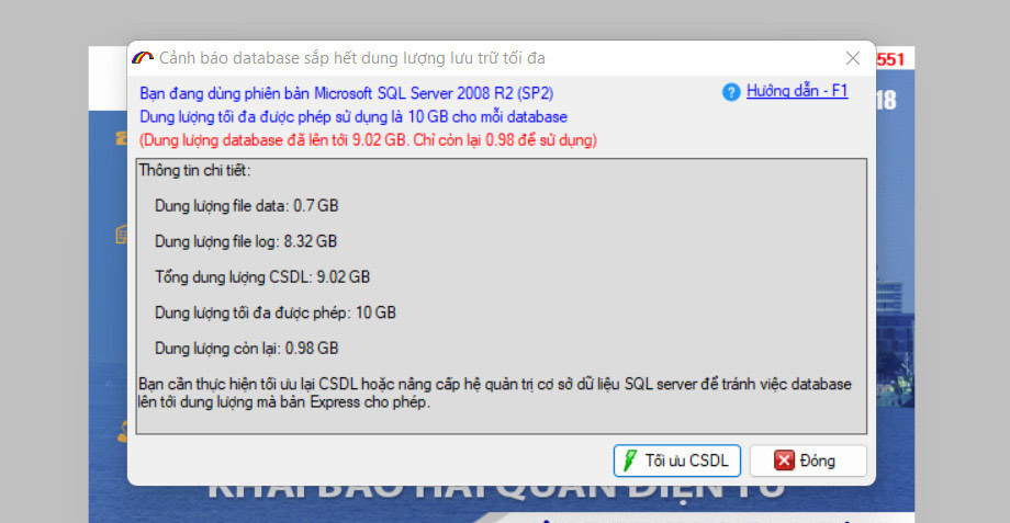 Khắc phục lỗi SQL Server đầy do quá 10GB của phần mềm hải quan, kế toán